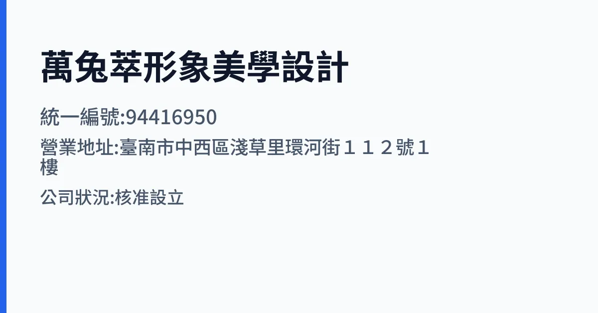 萬兔萃形象美學設計 - 統編 94416950（臺南市） 公司登記資料與營業項目詳細圖表