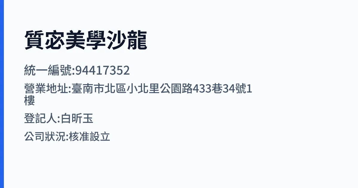 質宓美學沙龍 - 統編 94417352(臺南市) 公司登記資料與營業項目詳細圖表