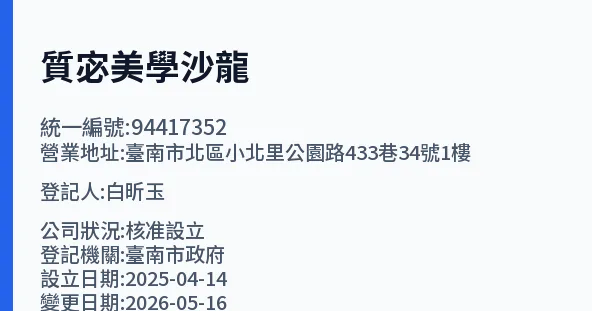 質宓美學沙龍的照片-統編 94417352(臺南市) 公司登記資料與營業項目詳細圖表