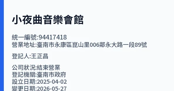 小夜曲音樂會館的照片-統編 94417418(臺南市) 公司登記資料與營業項目詳細圖表