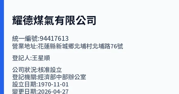 耀德煤氣有限公司的照片-統編 94417613(花蓮縣) 公司登記資料與營業項目詳細圖表