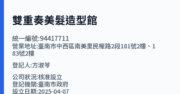 雙重奏美髮造型館的照片-統編 94417711(臺南市) 公司登記資料與營業項目詳細圖表