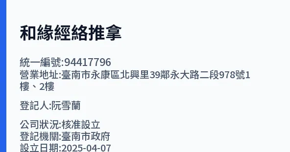 和緣經絡推拿的照片-統編 94417796(臺南市) 公司登記資料與營業項目詳細圖表