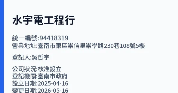 水宇電工程行的照片-統編 94418319(臺南市) 公司登記資料與營業項目詳細圖表