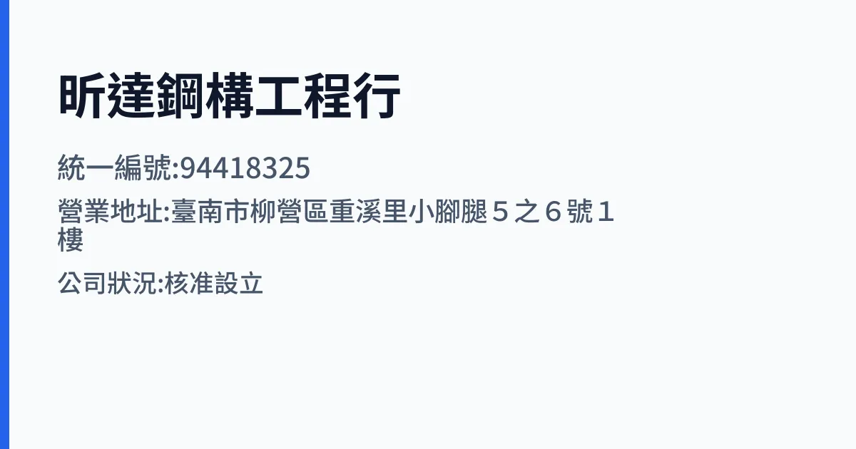 昕達鋼構工程行 - 統編 94418325（臺南市） 公司登記資料與營業項目詳細圖表
