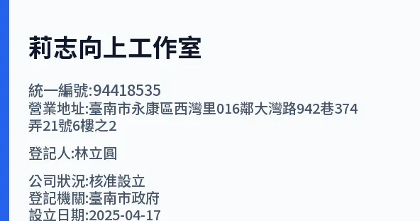 莉志向上工作室的照片-統編 94418535(臺南市) 公司登記資料與營業項目詳細圖表