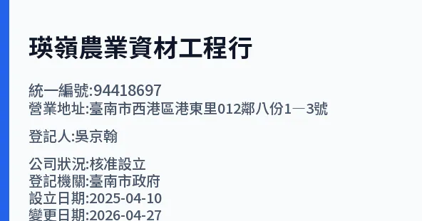 瑛嶺農業資材工程行的照片-統編 94418697(臺南市) 公司登記資料與營業項目詳細圖表