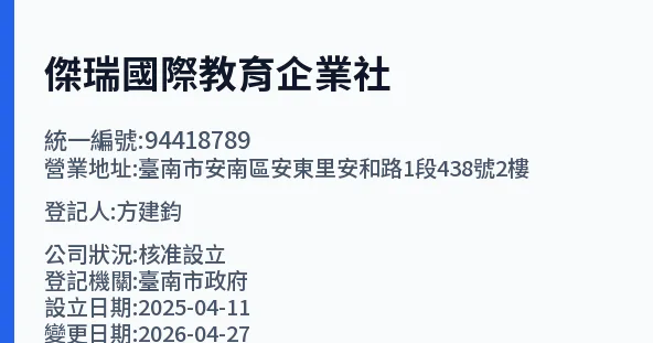 傑瑞國際教育企業社的照片-統編 94418789(臺南市) 公司登記資料與營業項目詳細圖表