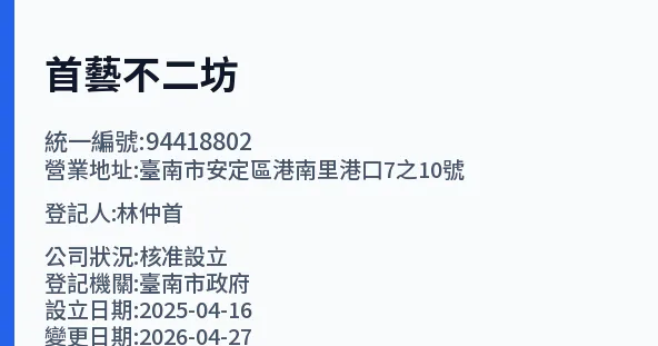 首藝不二坊的照片-統編 94418802(臺南市) 公司登記資料與營業項目詳細圖表