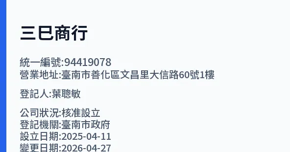 三巳商行的照片-統編 94419078(臺南市) 公司登記資料與營業項目詳細圖表