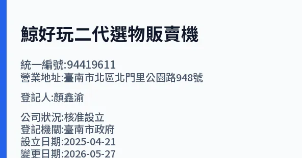 鯨好玩二代選物販賣機的照片-統編 94419611(臺南市) 公司登記資料與營業項目詳細圖表