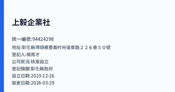 上毅企業社的照片-統編 94424298(彰化縣) 公司登記資料與營業項目詳細圖表
