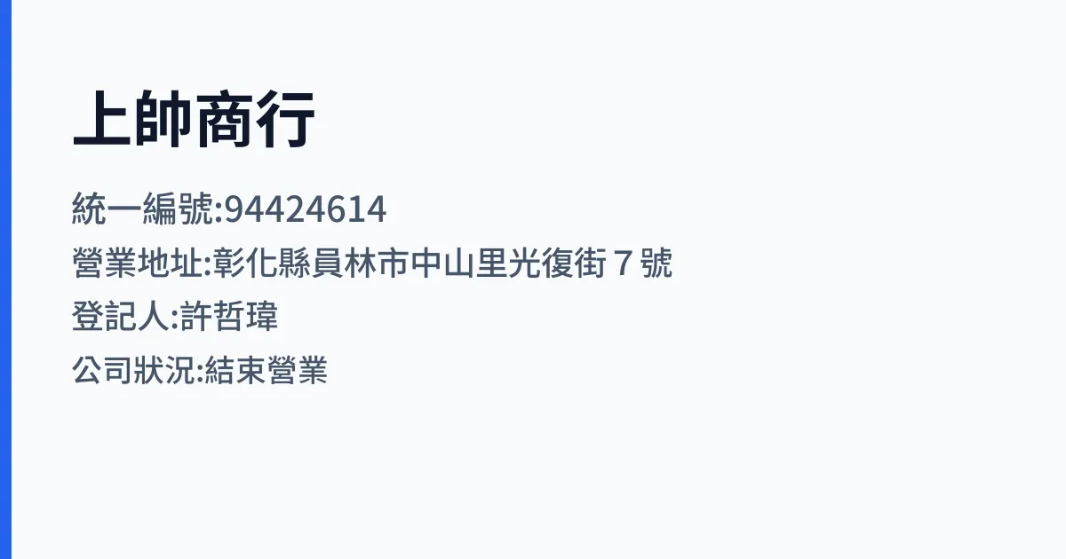 上帥商行 - 統編 94424614(彰化縣) 公司登記資料與營業項目詳細圖表