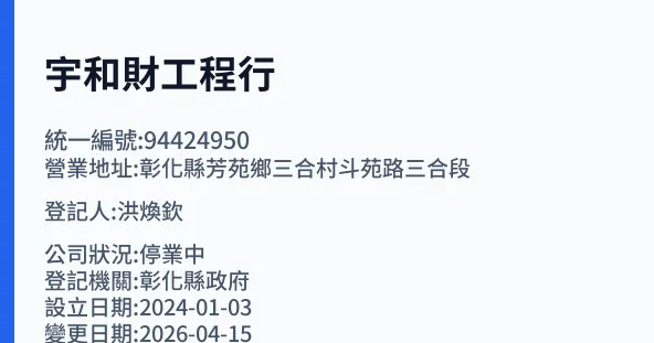 宇和財工程行的照片-統編 94424950(彰化縣) 公司登記資料與營業項目詳細圖表