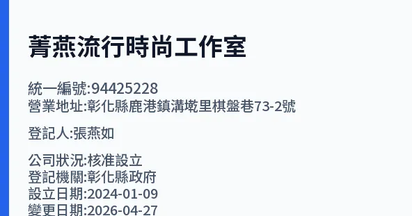 菁燕流行時尚工作室的照片-統編 94425228(彰化縣) 公司登記資料與營業項目詳細圖表