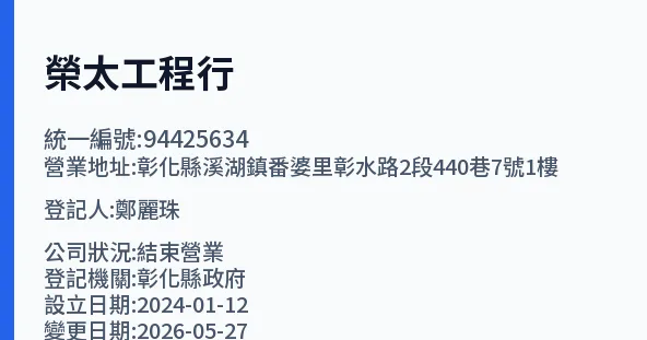 榮太工程行的照片-統編 94425634(彰化縣) 公司登記資料與營業項目詳細圖表
