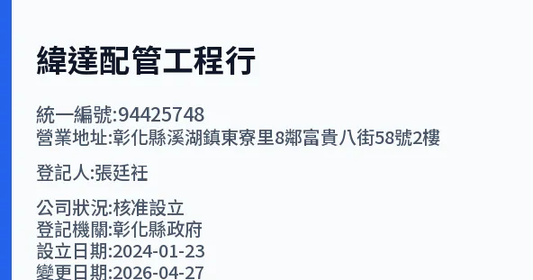 緯達配管工程行的照片-統編 94425748(彰化縣) 公司登記資料與營業項目詳細圖表