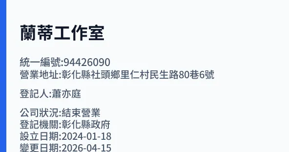 蘭蒂工作室的照片-統編 94426090(彰化縣) 公司登記資料與營業項目詳細圖表