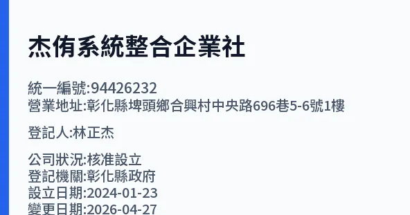 杰侑系統整合企業社的照片-統編 94426232(彰化縣) 公司登記資料與營業項目詳細圖表