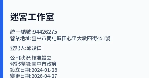 迷宮工作室的照片-統編 94426275(臺中市) 公司登記資料與營業項目詳細圖表