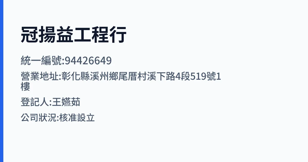 冠揚益工程行 - 統編 94426649(彰化縣) 公司登記資料與營業項目詳細圖表