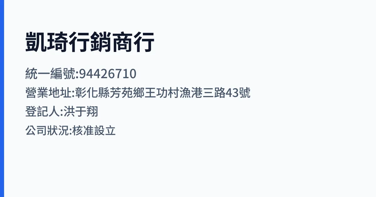 凱琦行銷商行 - 統編 94426710(彰化縣) 公司登記資料與營業項目詳細圖表