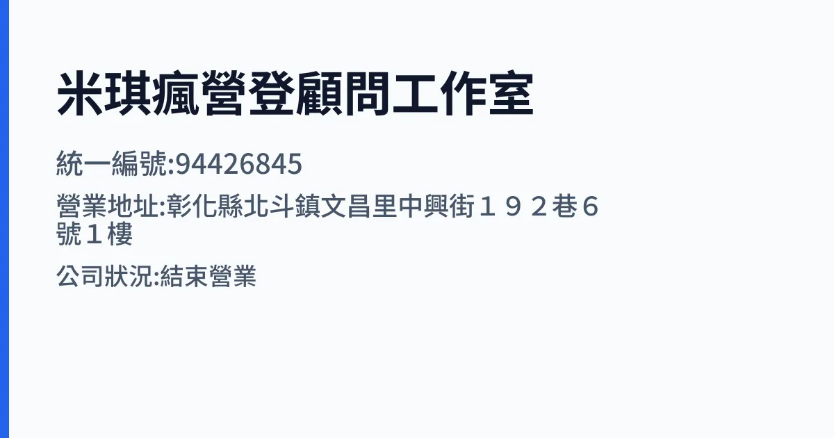 米琪瘋營登顧問工作室 - 統編 94426845(彰化縣) 公司登記資料與營業項目詳細圖表