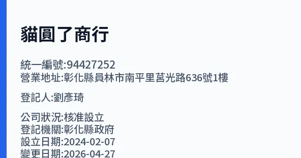 貓圓了商行的照片-統編 94427252(彰化縣) 公司登記資料與營業項目詳細圖表