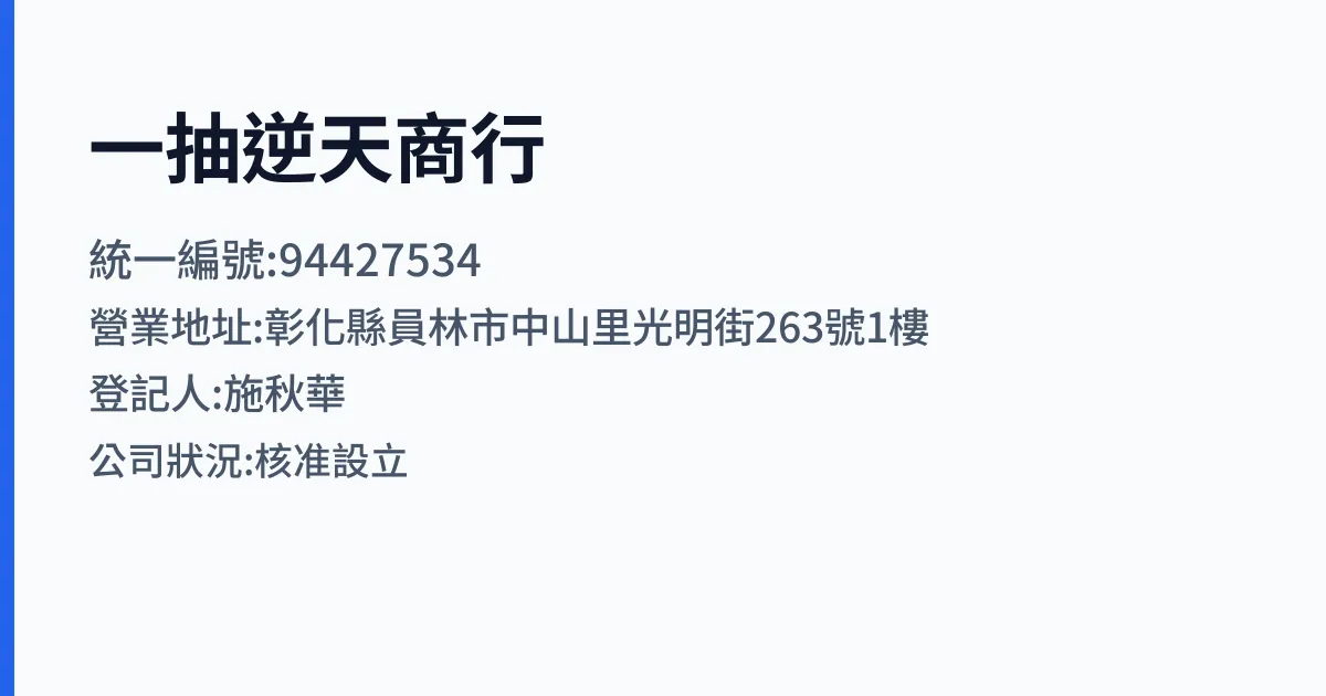 一抽逆天商行 - 統編 94427534(彰化縣) 公司登記資料與營業項目詳細圖表
