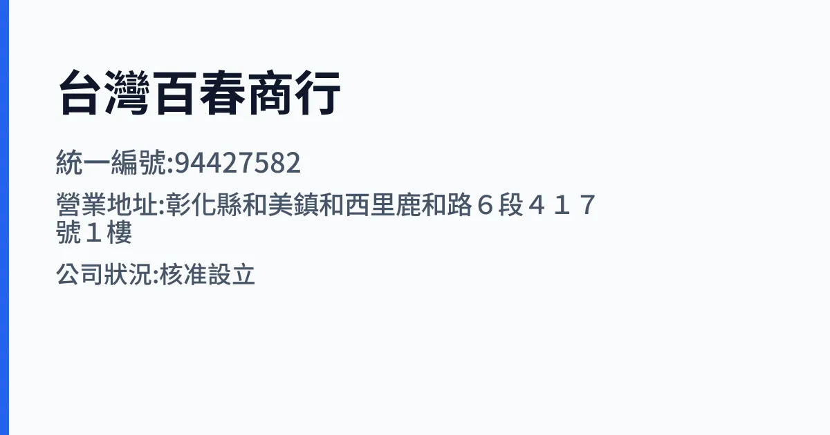 台灣百春商行 - 統編 94427582(彰化縣) 公司登記資料與營業項目詳細圖表