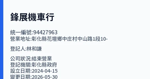 鋒展機車行的照片-統編 94427963(彰化縣) 公司登記資料與營業項目詳細圖表
