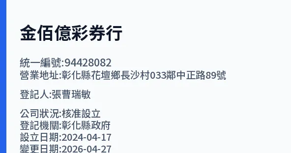 金佰億彩券行的照片-統編 94428082(彰化縣) 公司登記資料與營業項目詳細圖表