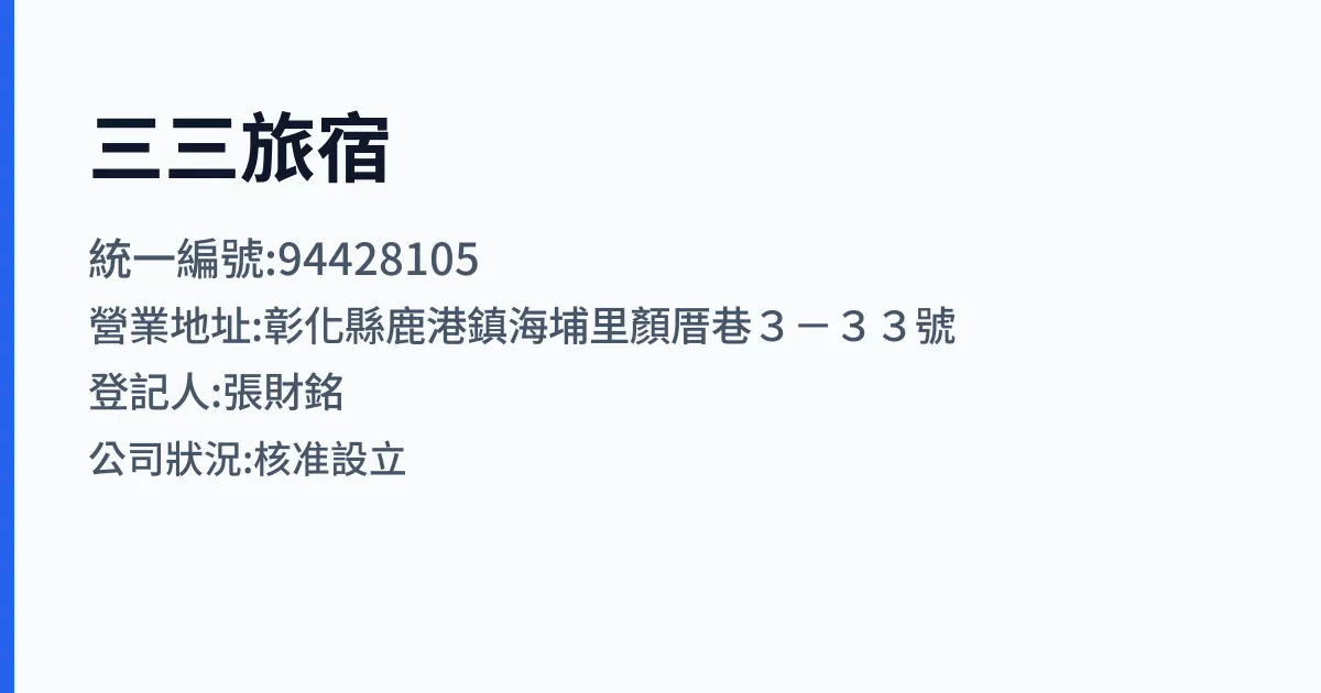 三三旅宿 - 統編 94428105（彰化縣） 公司登記資料與營業項目詳細圖表