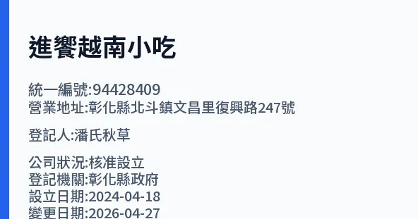 進饗越南小吃的照片-統編 94428409(彰化縣) 公司登記資料與營業項目詳細圖表
