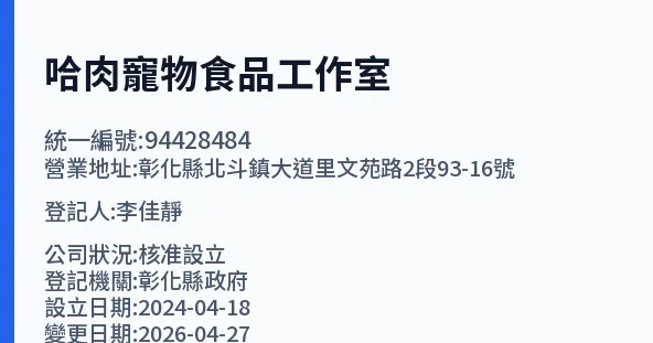 哈肉寵物食品工作室的照片-統編 94428484(彰化縣) 公司登記資料與營業項目詳細圖表