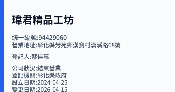 瑋君精品工坊的照片-統編 94429060(彰化縣) 公司登記資料與營業項目詳細圖表