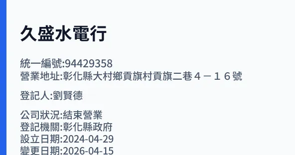 久盛水電行的照片-統編 94429358(彰化縣) 公司登記資料與營業項目詳細圖表
