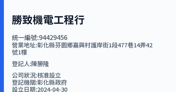 勝致機電工程行的照片-統編 94429456(彰化縣) 公司登記資料與營業項目詳細圖表