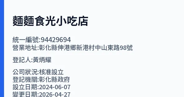 麵麵食光小吃店的照片-統編 94429694(彰化縣) 公司登記資料與營業項目詳細圖表