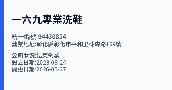 一六九專業洗鞋的照片-統編 94430854(彰化縣) 公司登記資料與營業項目詳細圖表