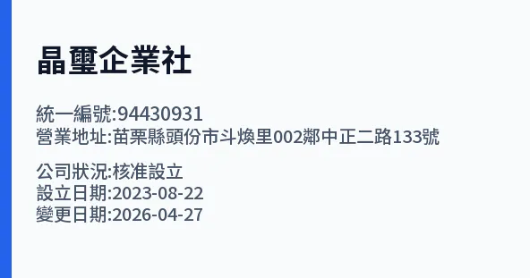 晶璽企業社的照片-統編 94430931(苗栗縣) 公司登記資料與營業項目詳細圖表