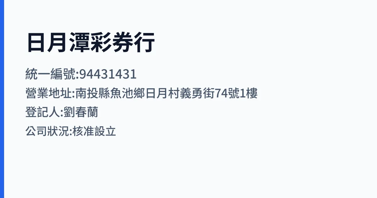 日月潭彩券行 - 統編 94431431(南投縣) 公司登記資料與營業項目詳細圖表