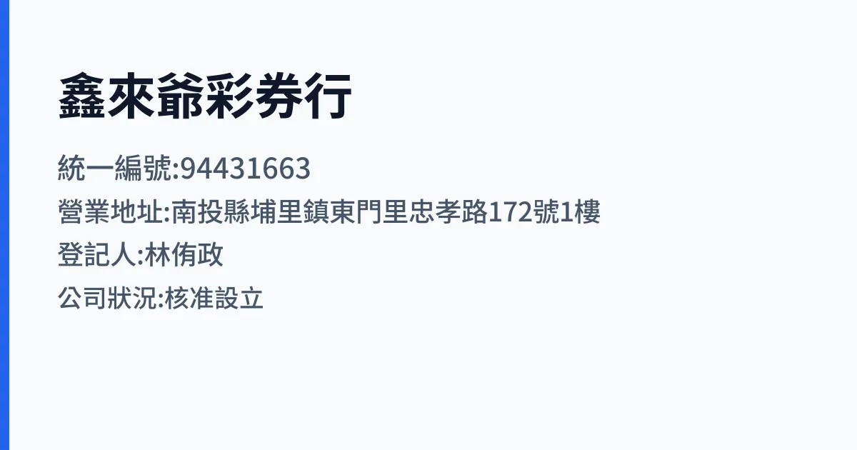 鑫來爺彩券行 - 統編 94431663(南投縣) 公司登記資料與營業項目詳細圖表