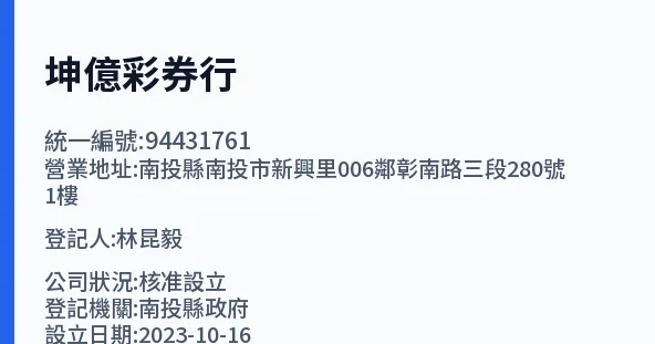 坤億彩券行的照片-統編 94431761(南投縣) 公司登記資料與營業項目詳細圖表