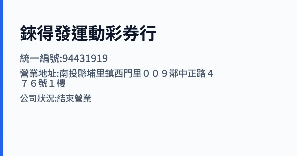 錸得發運動彩券行 - 統編 94431919(南投縣) 公司登記資料與營業項目詳細圖表