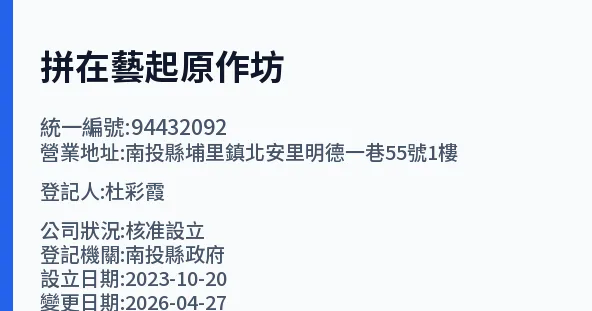 拼在藝起原作坊的照片-統編 94432092(南投縣) 公司登記資料與營業項目詳細圖表