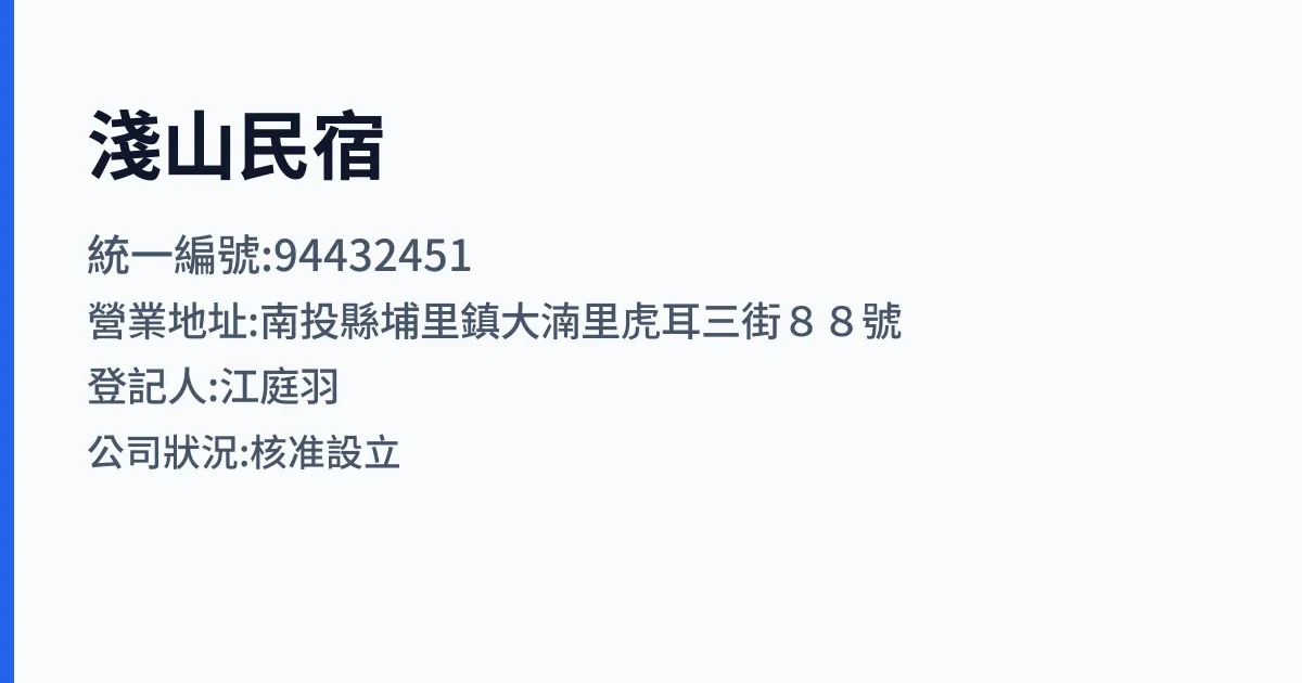 淺山民宿 - 統編 94432451(南投縣) 公司登記資料與營業項目詳細圖表