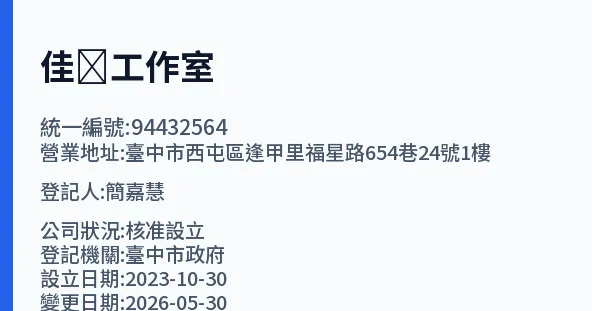 佳㑗工作室的照片-統編 94432564(臺中市) 公司登記資料與營業項目詳細圖表