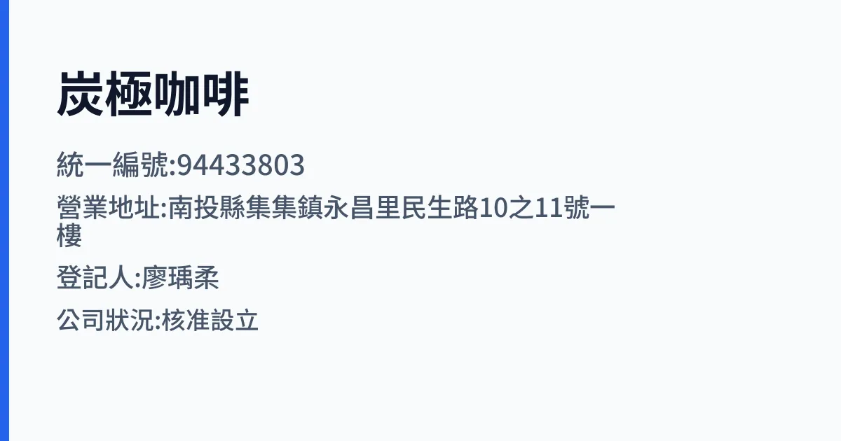 炭極咖啡 - 統編 94433803(南投縣) 公司登記資料與營業項目詳細圖表