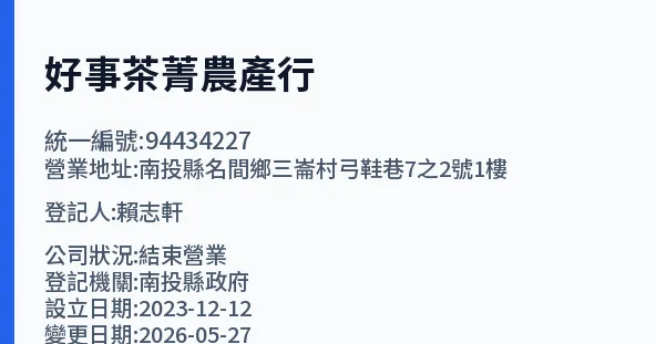 好事茶菁農產行的照片-統編 94434227(南投縣) 公司登記資料與營業項目詳細圖表